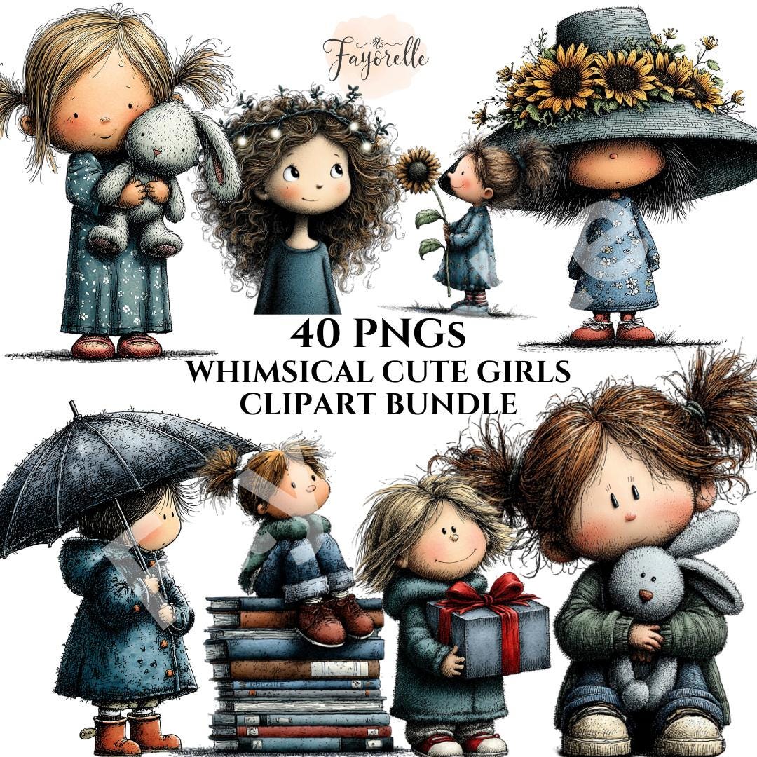 Whimsical Girls Clipart Bundle: Watercolor Kids PNG, Nursery ...