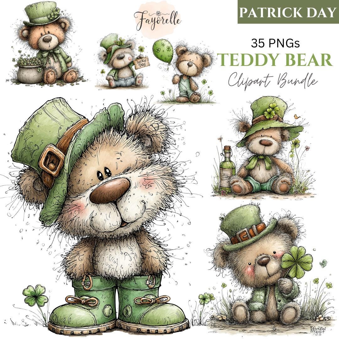 St. Patrick's Day Teddy Bear Clipart – 35 PNG Watercolor Graphics ...