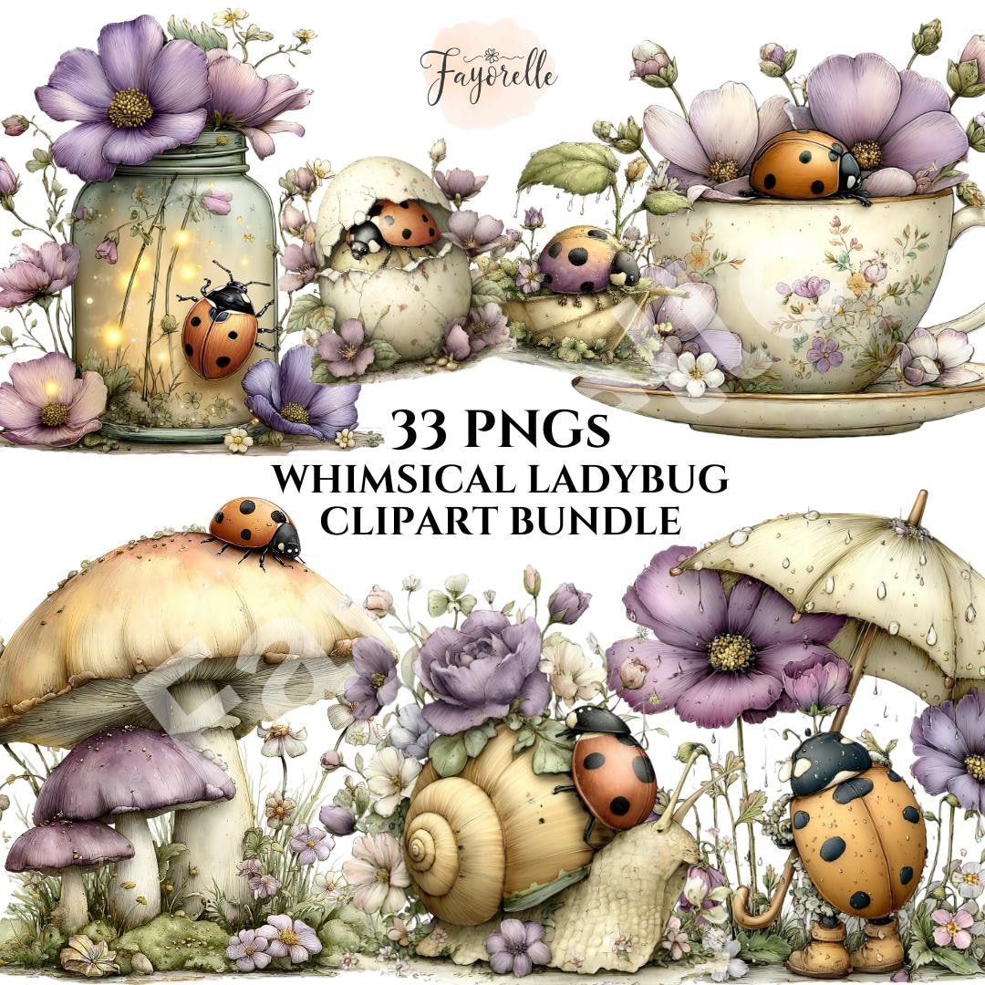 Whimsical Ladybug Clipart Bundle: Watercolor Spring Garden Pngs (33 ...