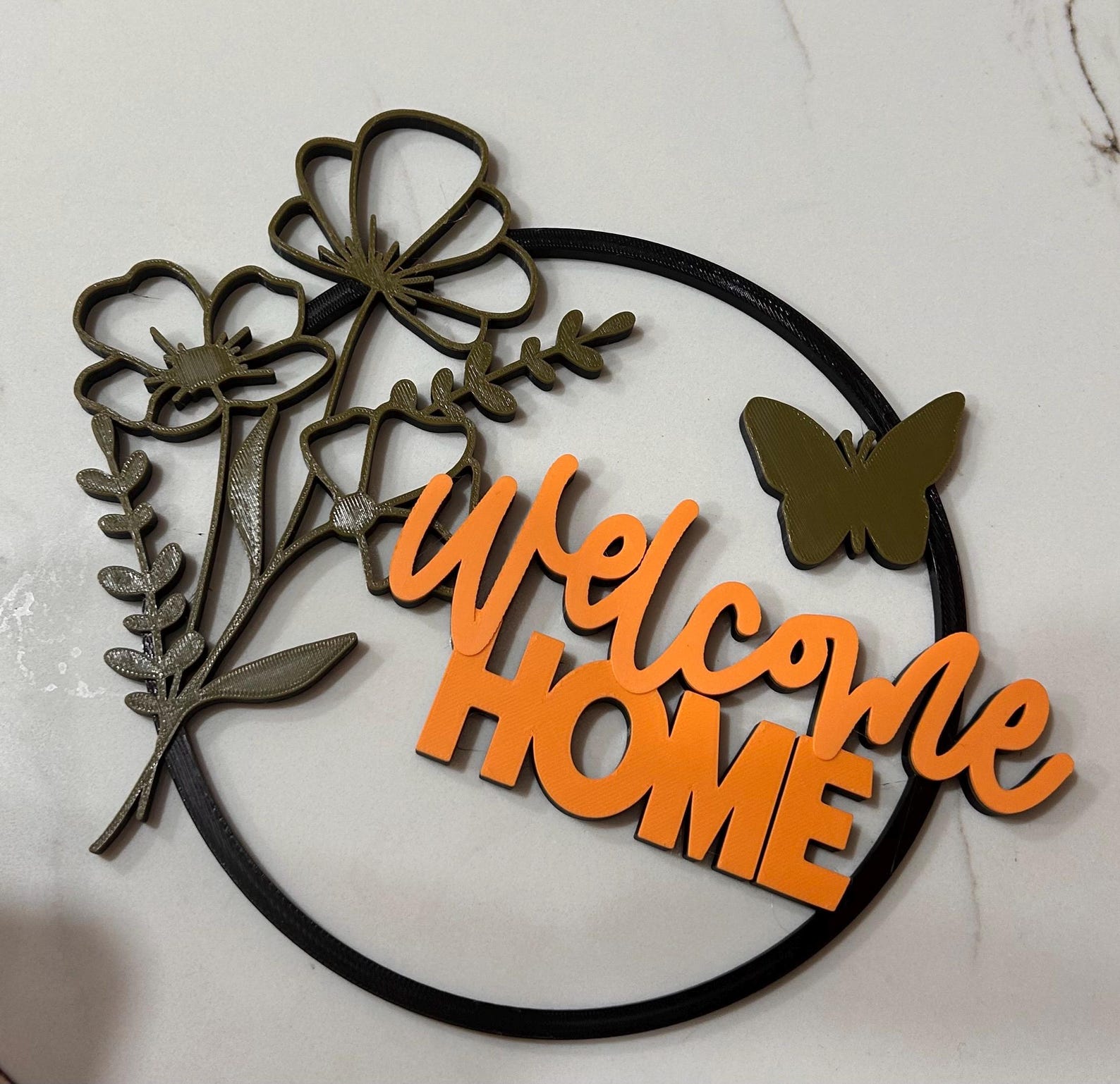 Welcome Home 3D Printed Door Sign – Floral Butterfly Wreath | Modern ...