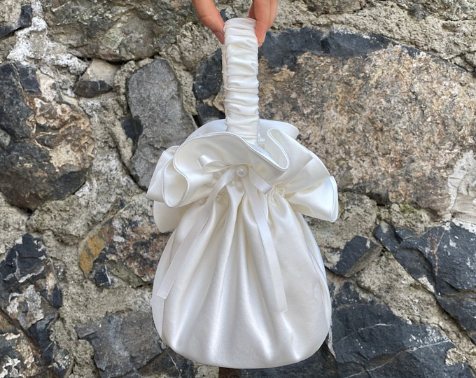 Ivory Satin Dolly Bag. Ribbon Drawstring, Wrist Purse, Wedding Bag for ...