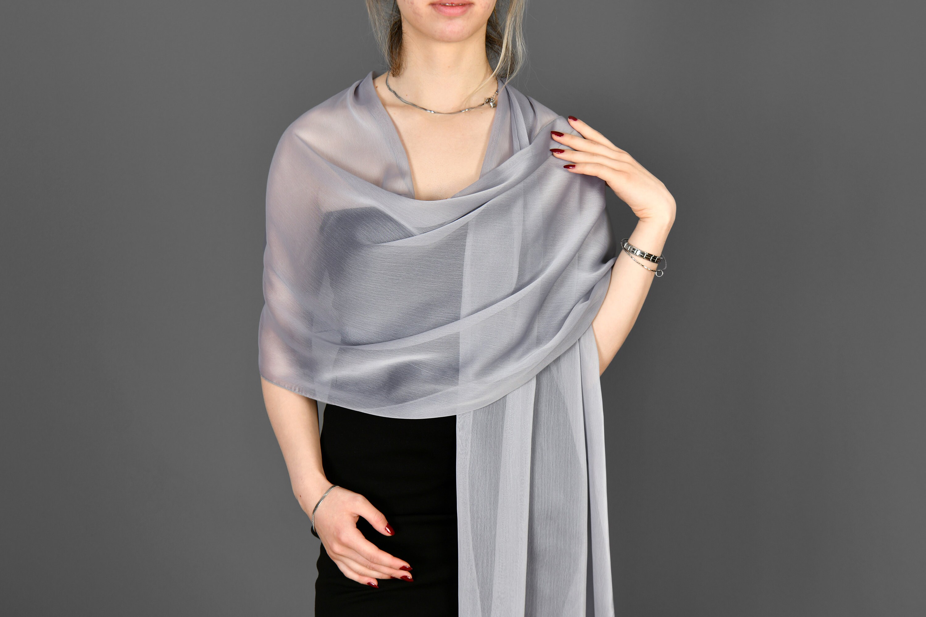 Silver Gray Chiffon Shawl Wrap Bolero, Wedding Shrug, Extra Long Option ...