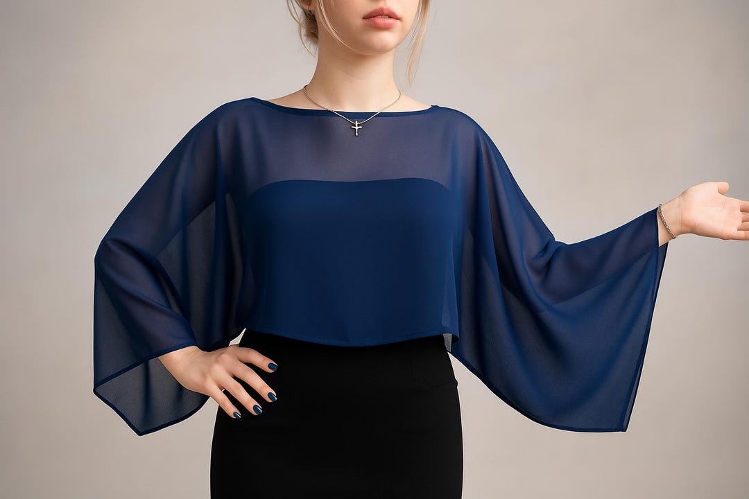 Navy Blue Formal Chiffon Wrap Capelet Blouse for Plus Size –weddings ...