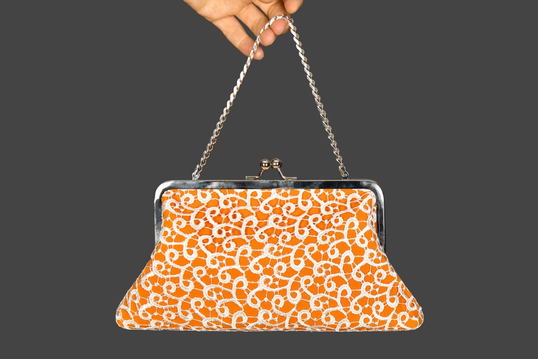 Orange Frame Purse Clutch With Ivory Lace Bridesmaid Clutches, Silver ...
