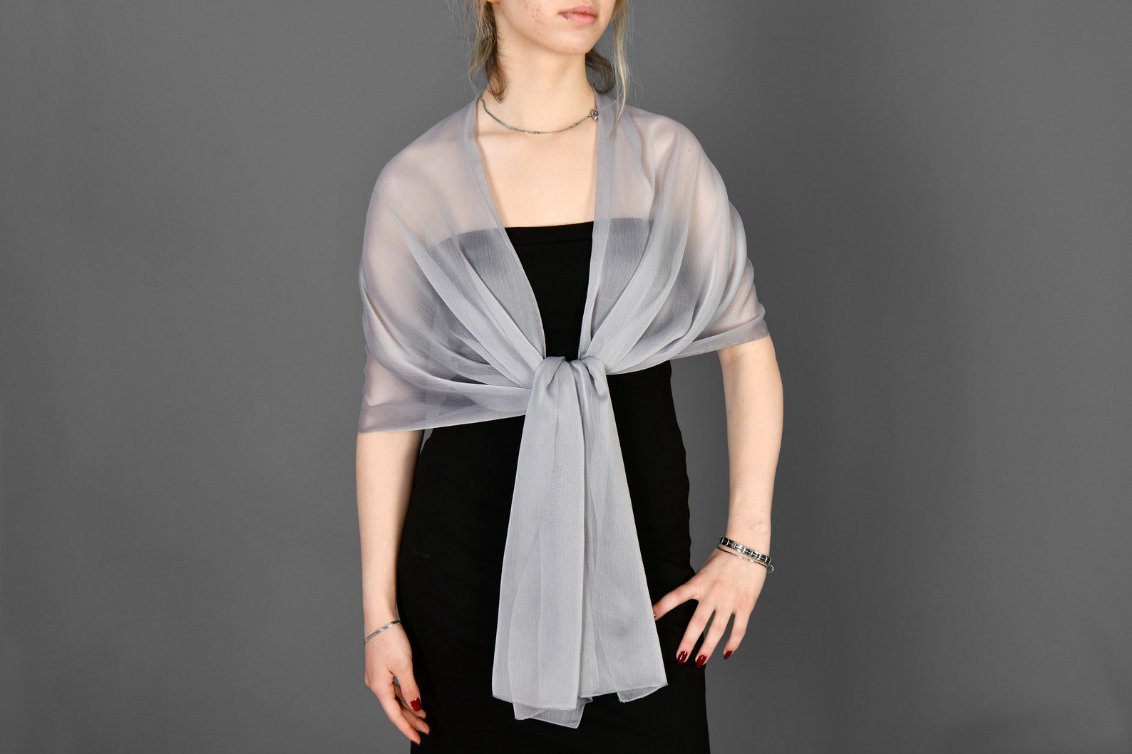 Silver Gray Chiffon Shawl Wrap Bolero, Wedding Shrug, Extra Long Option ...