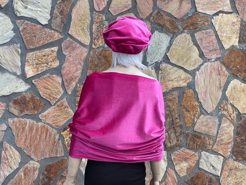 Velvet Beret Tam With Flower and Shawl Wrap With Matching Japanese Knot ...