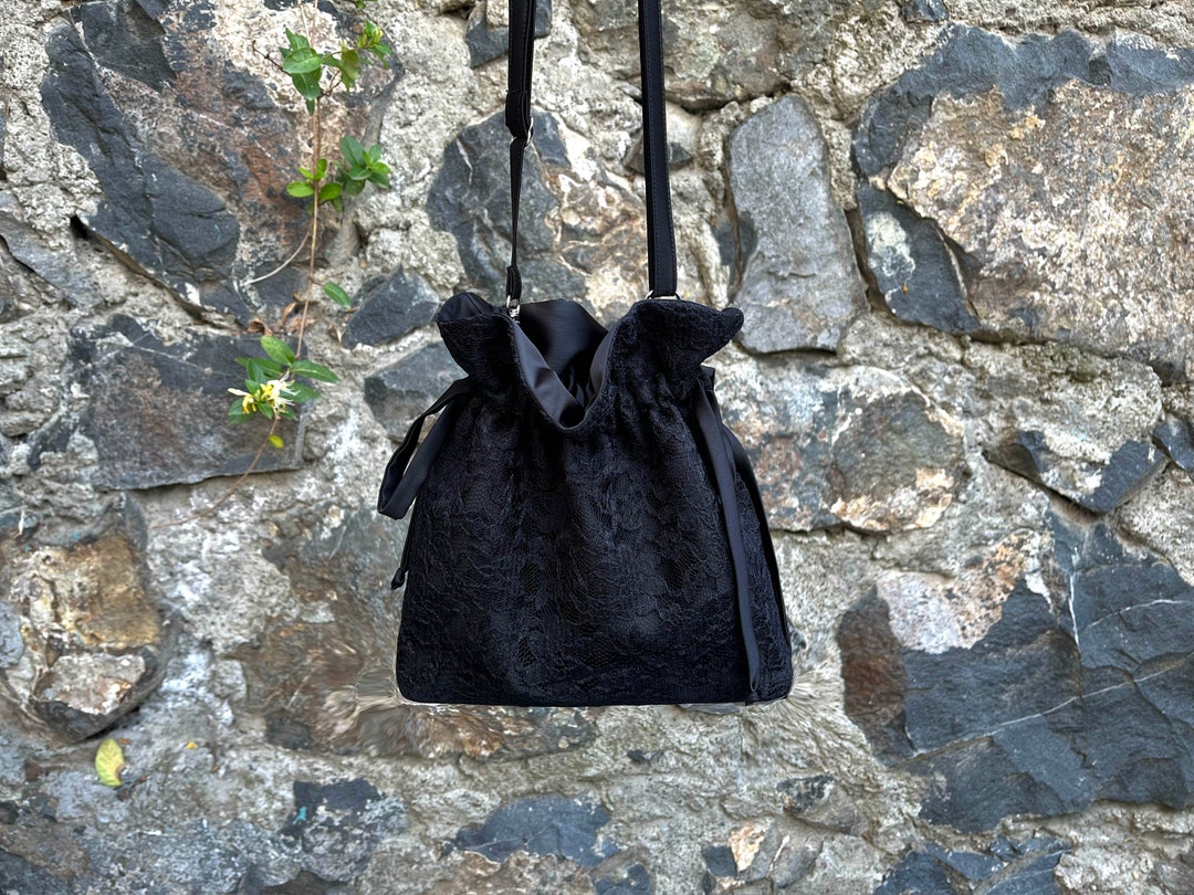 Black Lace Drawstring Evening Shoulder Bag, Small Wedding Evening Pouch ...