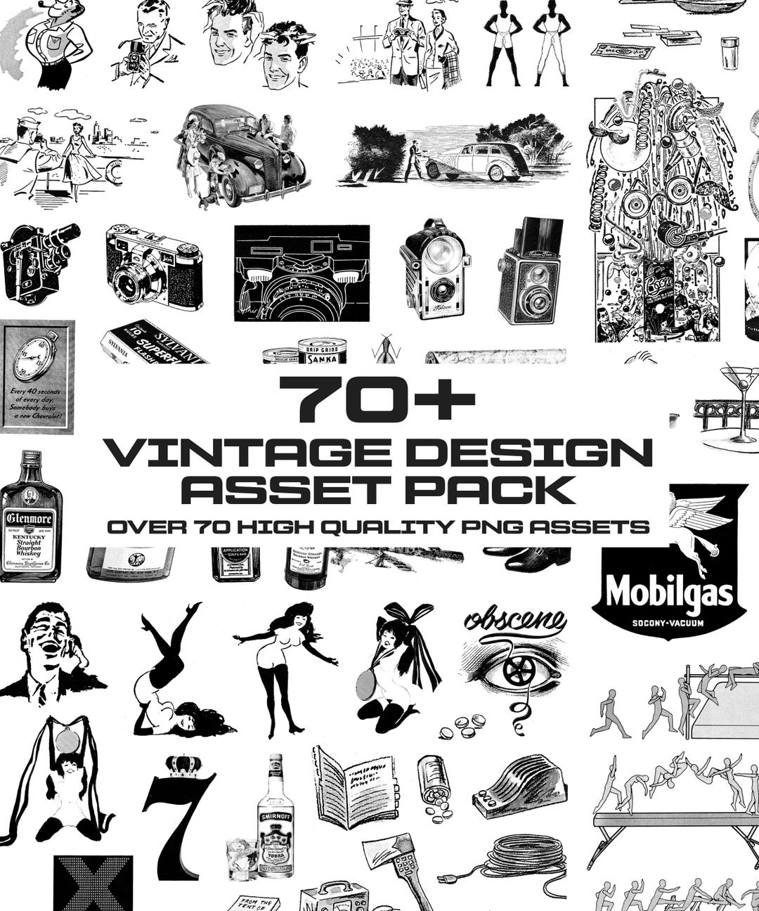 Vintage Graphic Design Assets | 70+ PNG Icon Bundle - Etsy