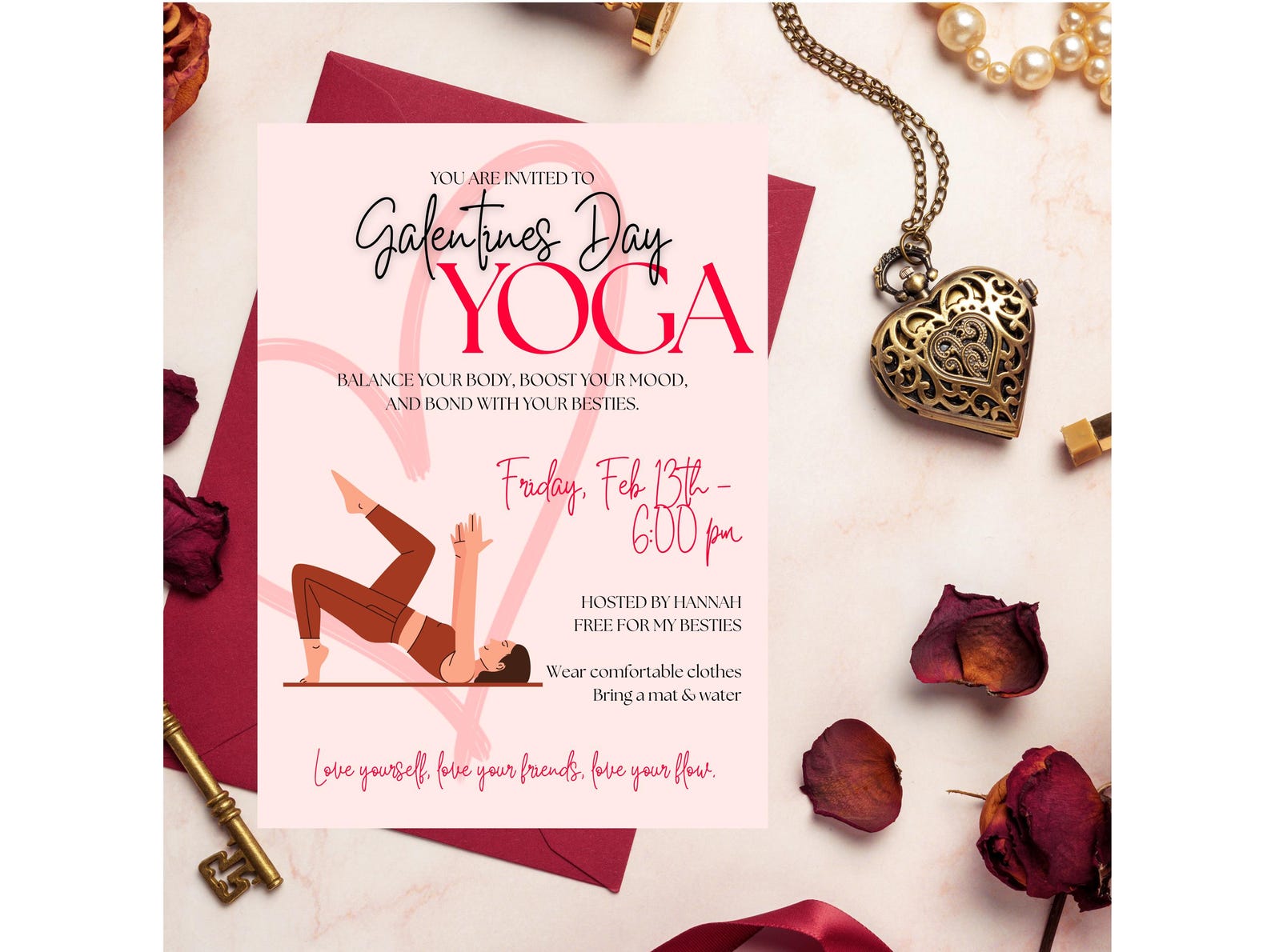 Galentine's Day Yoga Invitation Template | Editable Canva Design for ...