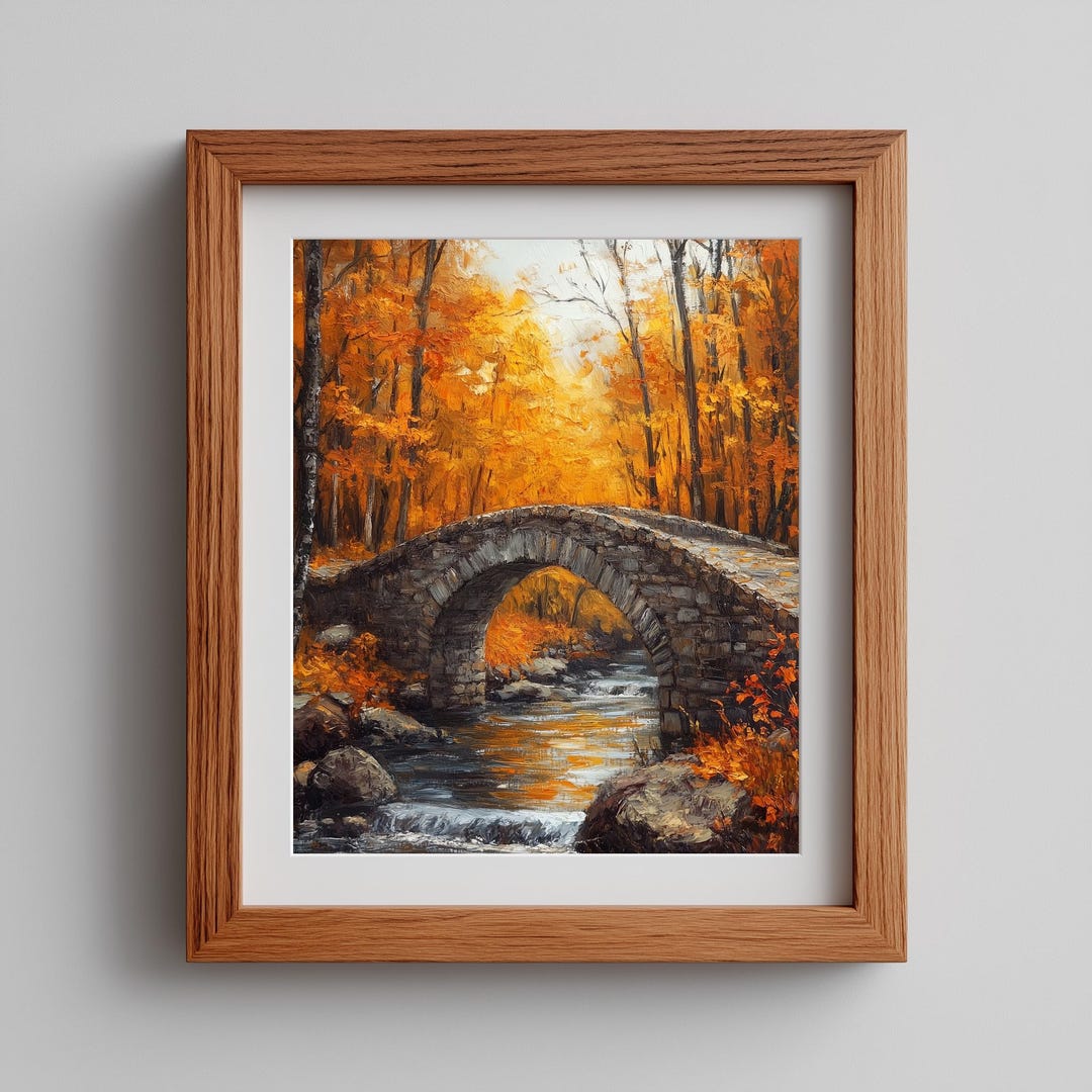 Rustic Printable Stone Arch Bridge Painting - Cozy Autumn Landscape Art ...