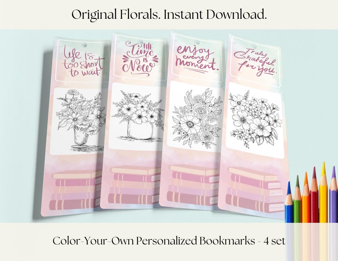 4 Printable Color Your Own Bookmarks, DIY Junk Journal Flower Bookmarks ...