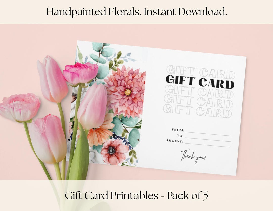 5 Watercolor Flower Gift Cards, Floral Gift Card Printable, (digital ...
