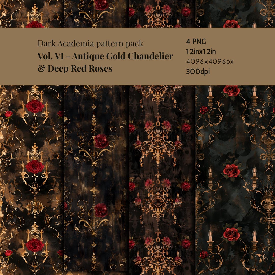 Dark Academia Seamless Pattern Pack, Antique Gold Chandelier & Red Rose ...