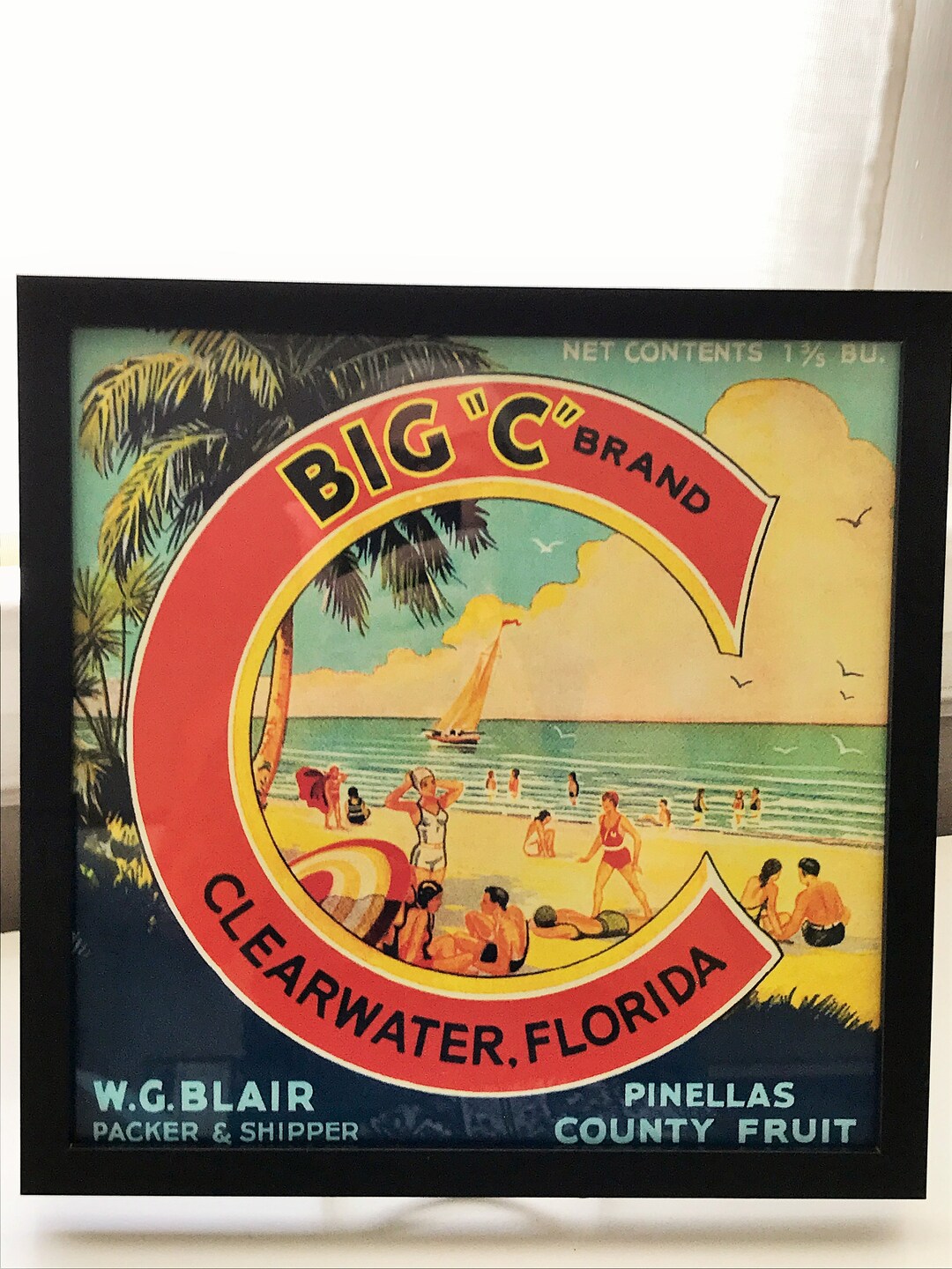 Vintage Florida Orange Crate Label Print/framed/13x13" Big C Clearwater ...