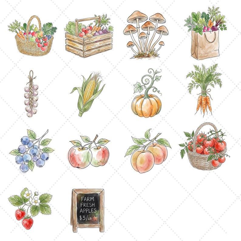 Farmers Market Clipart Bundle, Watercolor Fruits & Veggies PNG ...