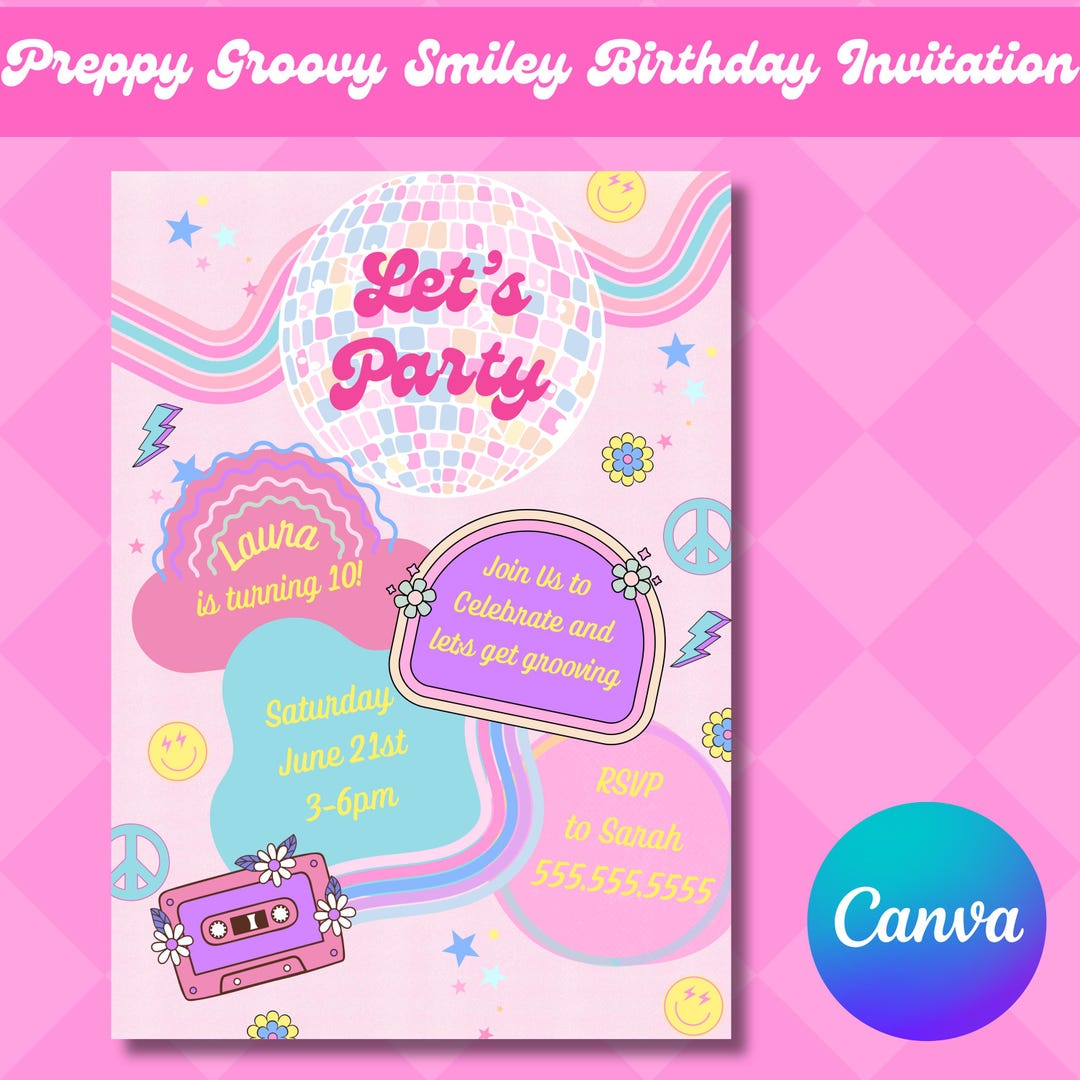 Editable Preppy Groovy Smiley Birthday Invitation Retro Party, Instant ...