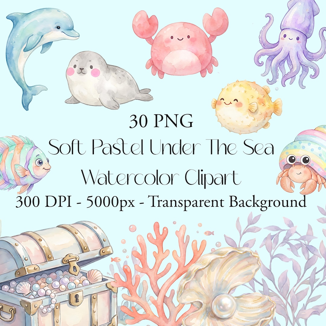 Under the Sea Watercolor Clipart Bundle, Ocean Animals PNG, Soft Pastel ...