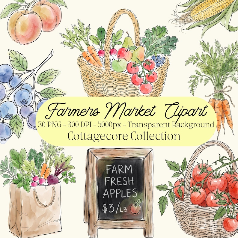 Farmers Market Clipart Bundle, Watercolor Fruits & Veggies PNG ...
