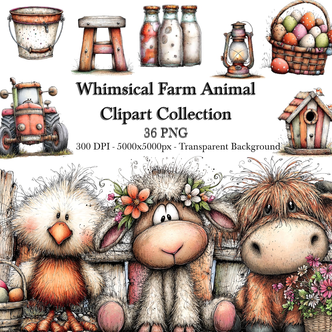 Whimsical Spring Farm Animals Clipart Transparent Background Digital ...