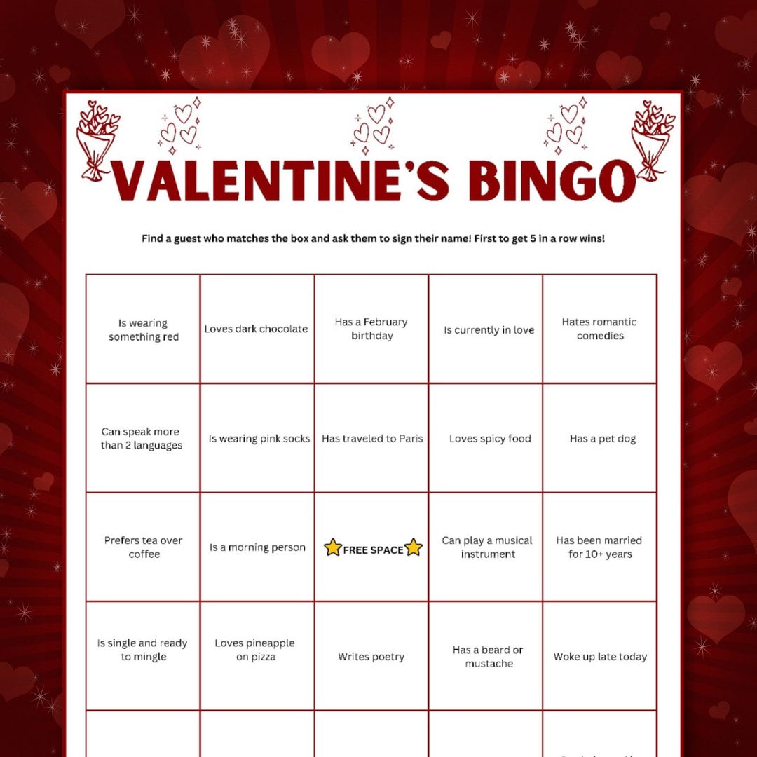 Valentines Day Bingo Game, Office Party Icebreaker, Activity for Kids ...