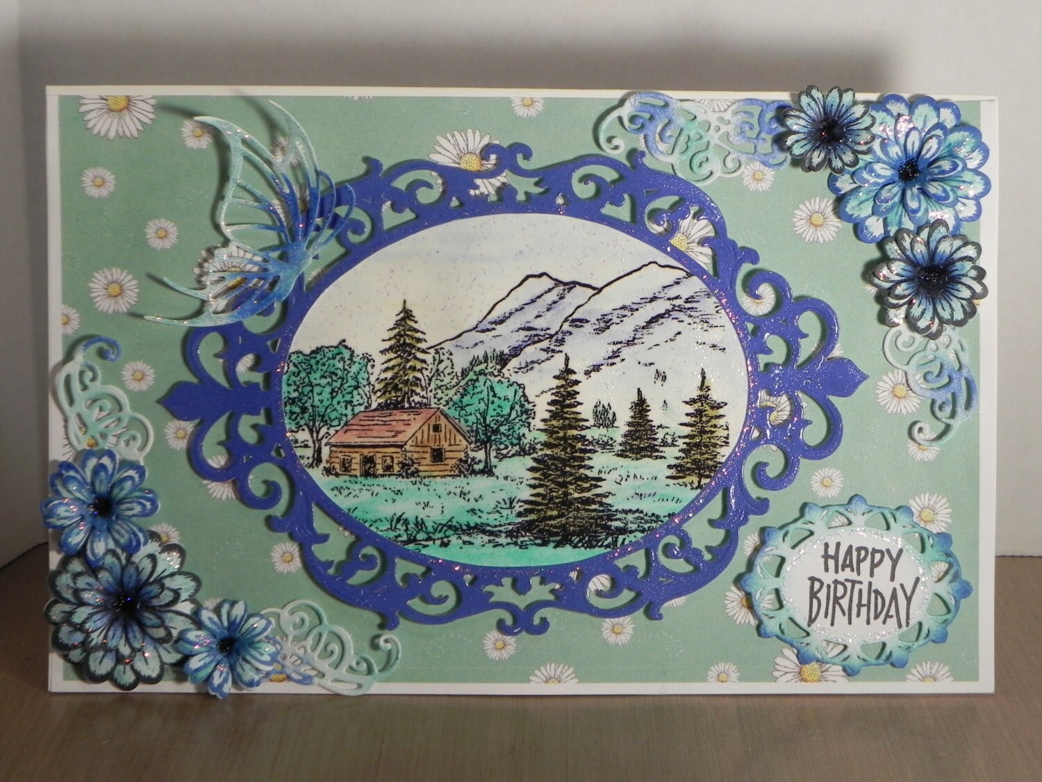 Mountain Scene Birthday Card With Handmade 3d Paper Flowers, Greens and ...