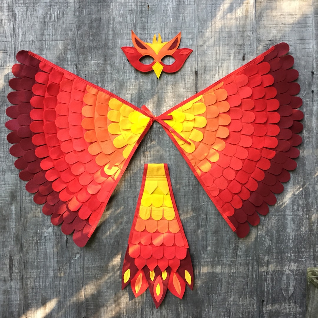 Phoenix Costume Set, 3 Piece/ Felt Mask, Flappable Wings and Blazing ...