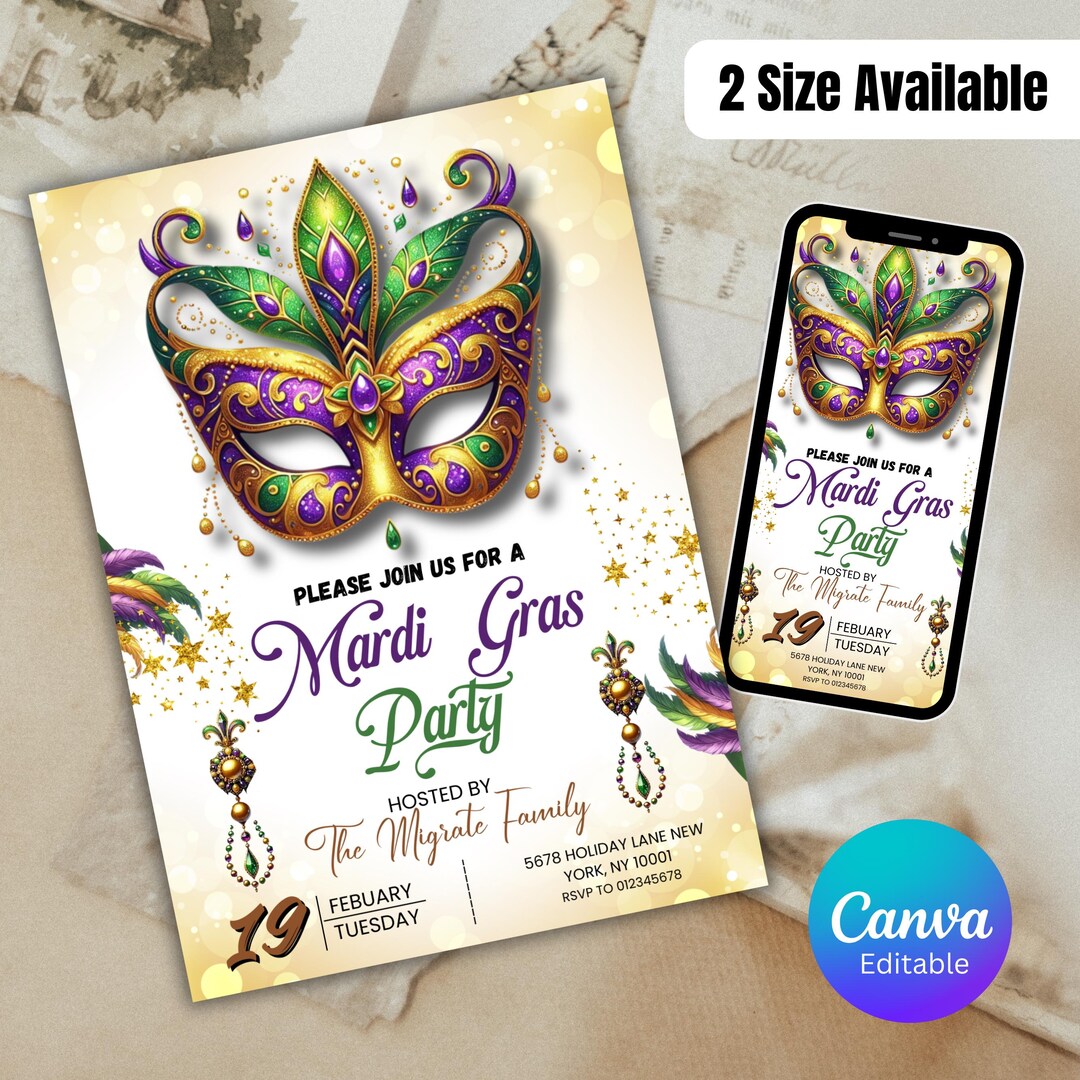 Mardi Gras Party Invitation,mardi Gras Party,mardi Gras Parade Invite ...