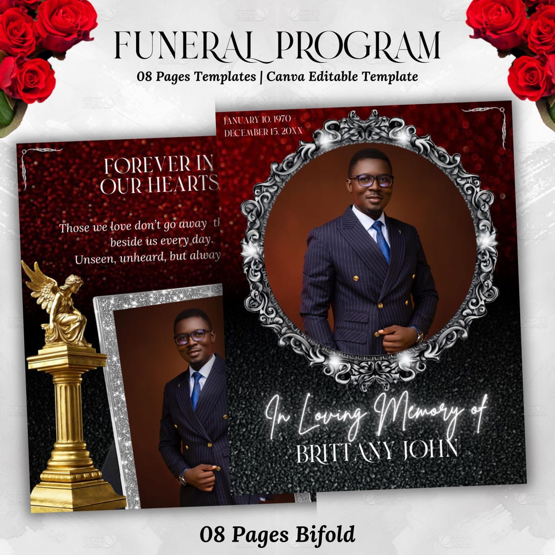 Black & Red Funeral Program Template: Canva Obituary (8.5x11, 8-page ...
