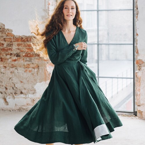 GREEN WRAP DRESS Linen Midi Dress Mid Century Modern Dress - Etsy