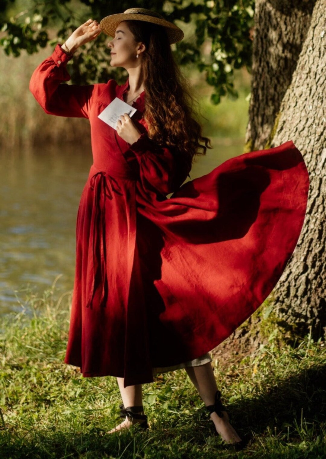 RED LINEN DRESS Darcy Dress, Long Sleeve, Red Poppy Dress, Victorian ...