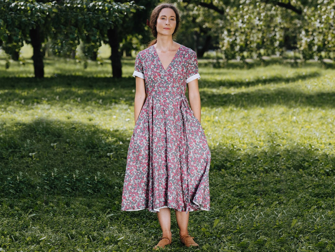 Wrap Dress Floral Linen Dress Short Sleeve Dress Summer Etsy