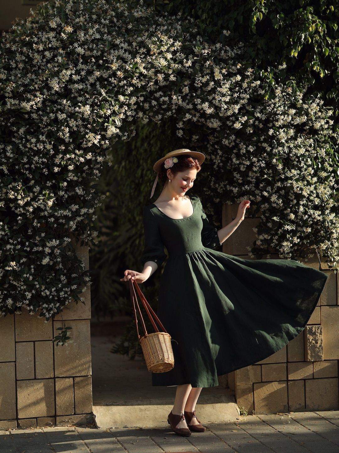 LINEN VICTORIAN DRESS Green Medieval Dress, Edwardian Dress, Dark ...