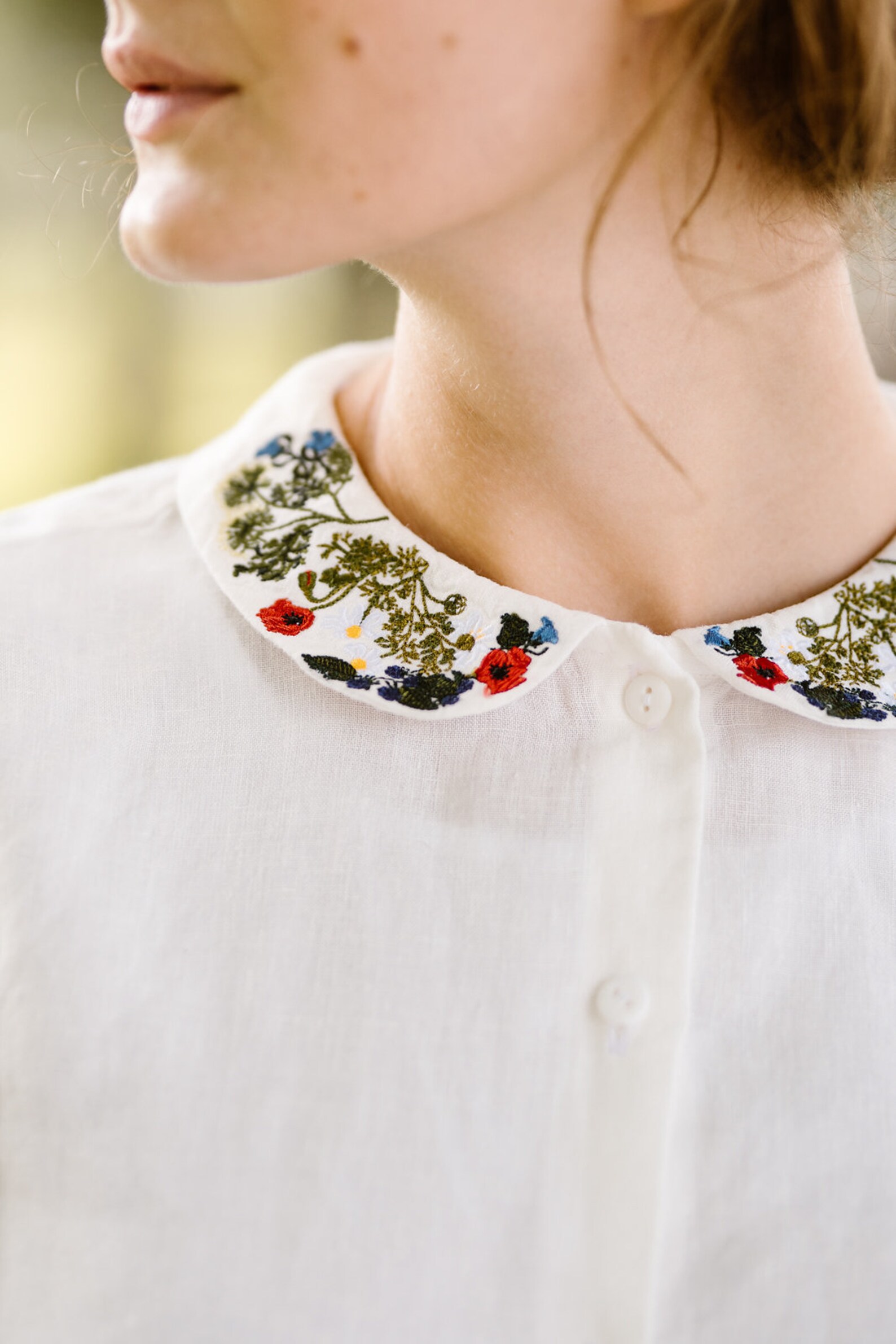 FLOWER EMBROIDERY SHIRT Embroidered Collar Linen Top Long - Etsy
