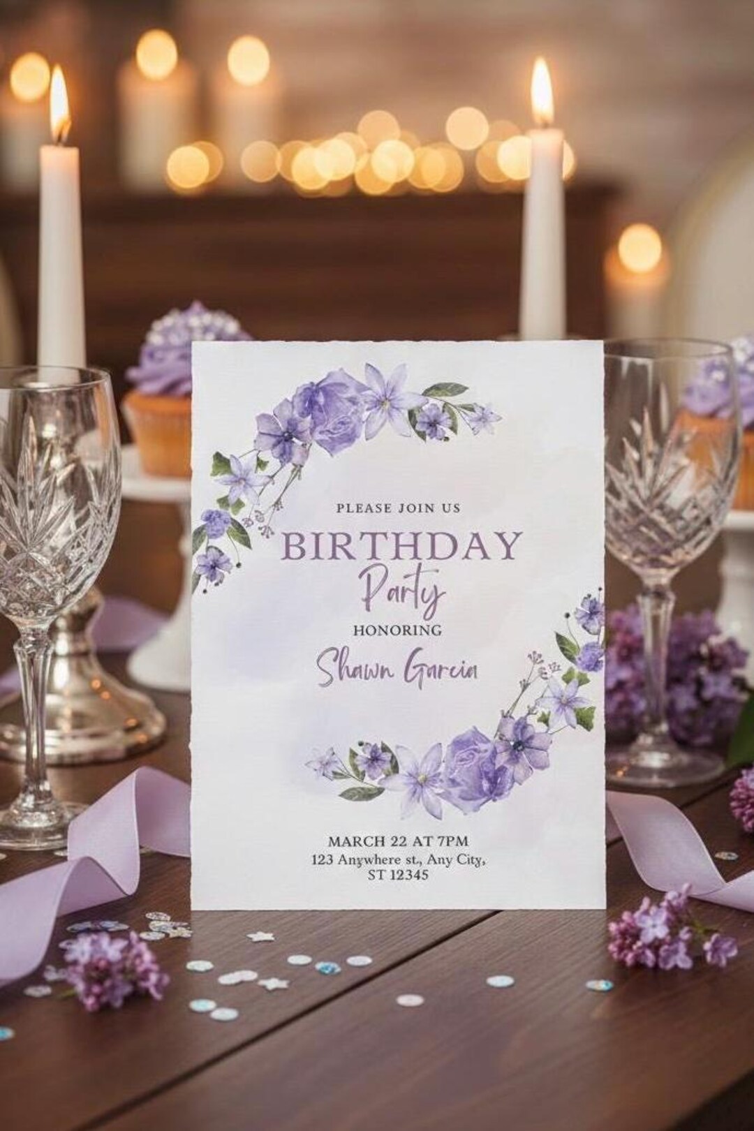 Lavender First Birthday Invitation | Floral Girl Birthday Card ...