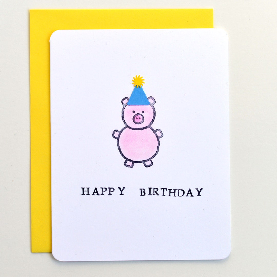 Birthday Card - Pig With Blue Hat - Etsy