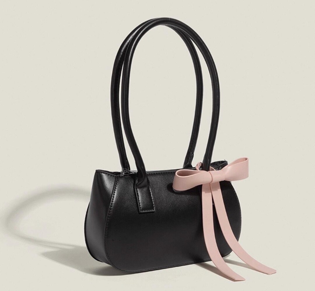 Coquette Aesthetic Black Bowler Handbag | Pink Ribbon Shoulder Bag ...