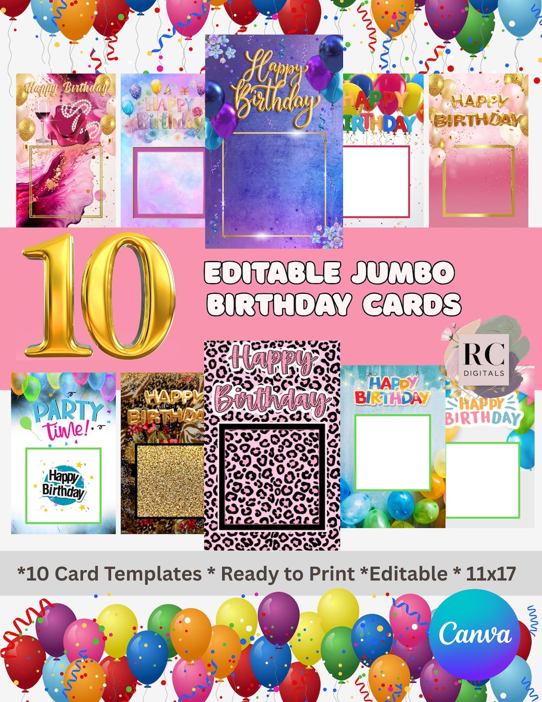 Jumbo Birthday Candy Card Bundle | 10 Editable 11x17 Birthday Candy ...