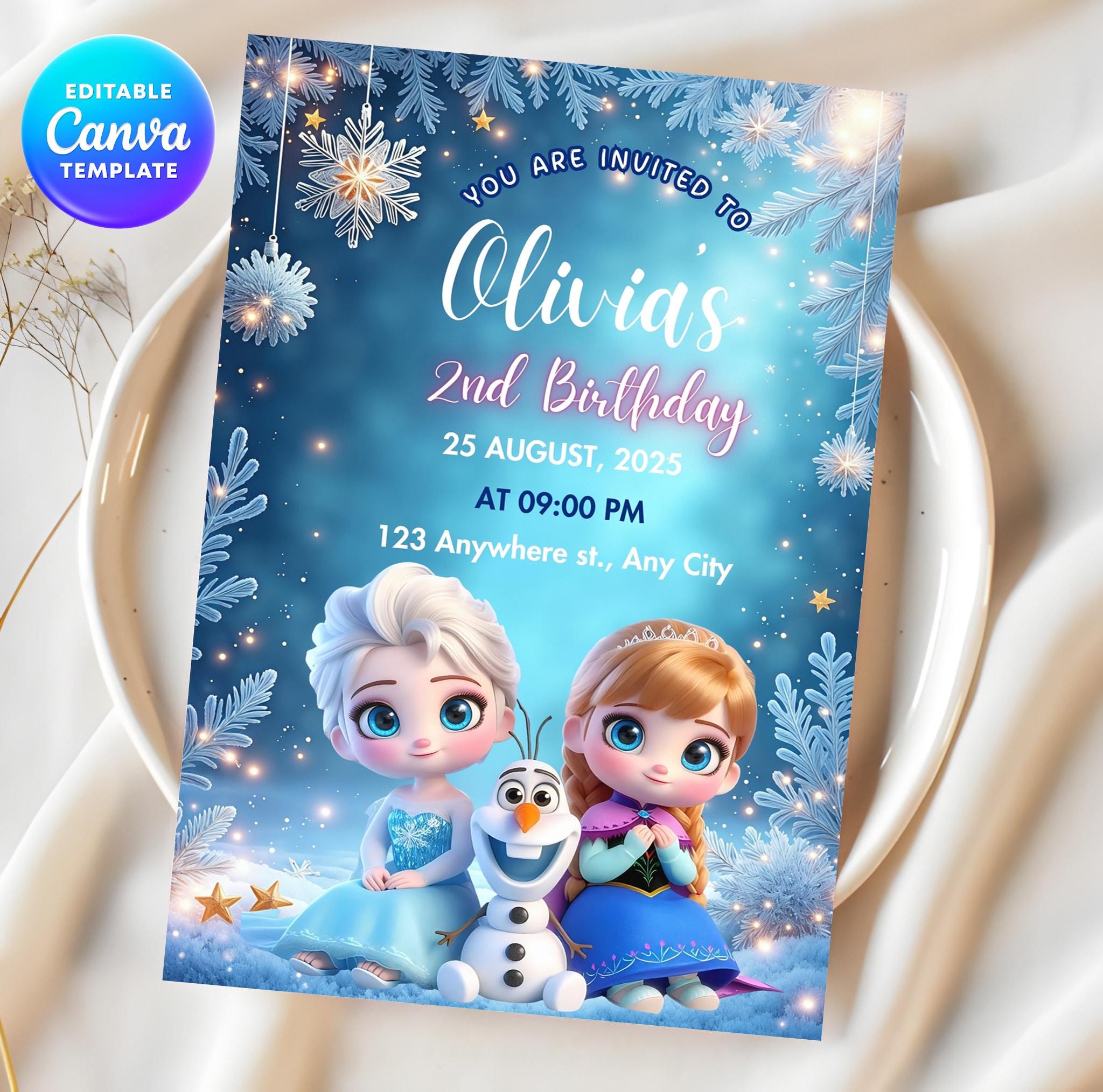 Editable Frozen Elsa and Anna Birthday Invitation Canva Template 5×7 ...