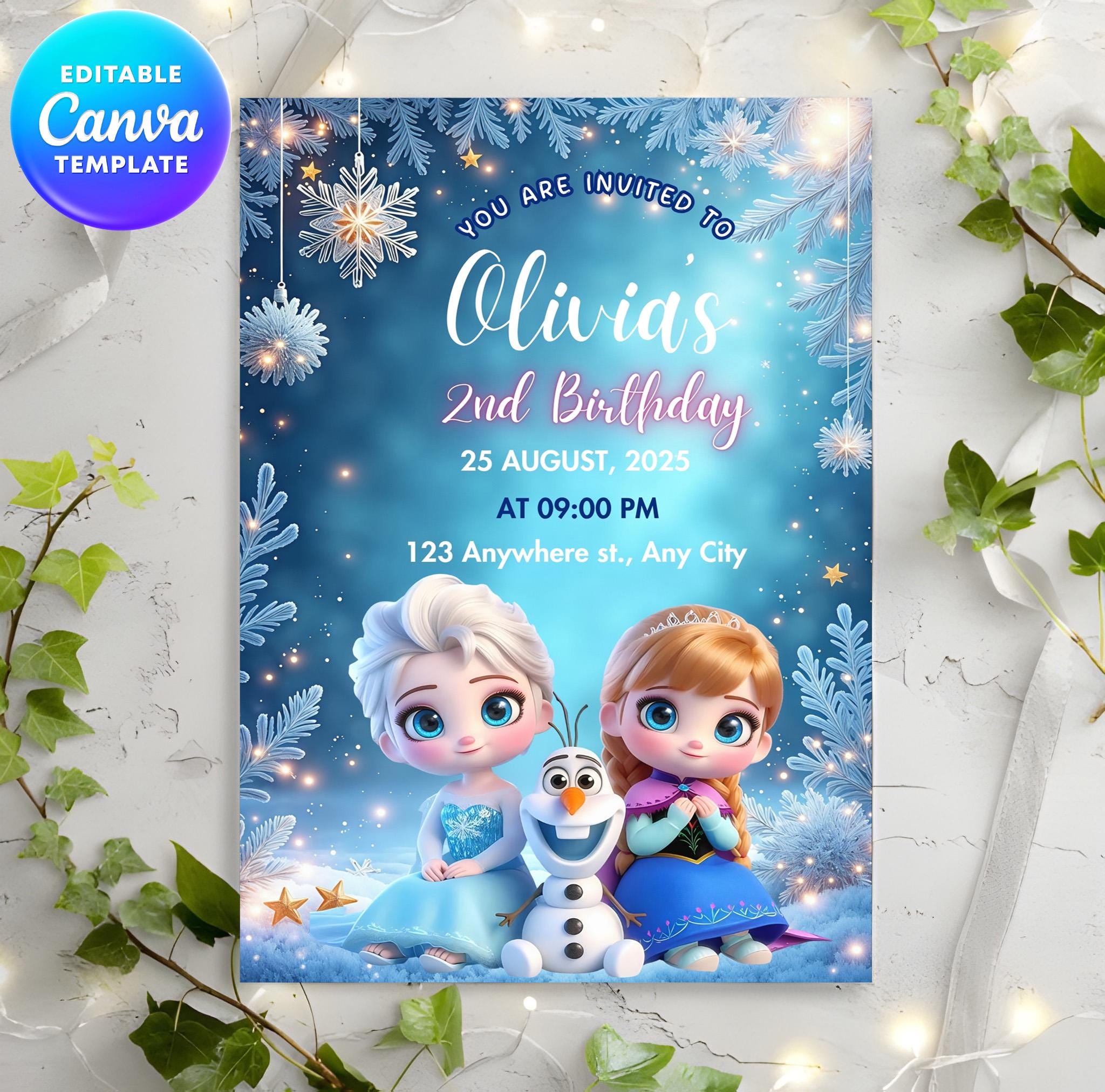 Editable Frozen Elsa and Anna Birthday Invitation Canva Template 5×7 ...