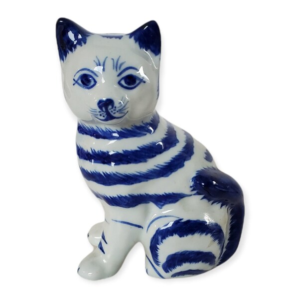 Blue and White Porcelain Cat - Etsy