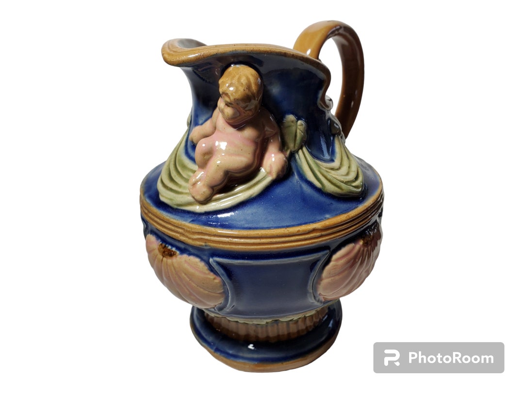 Vintage Majolica Reproduction Pitcher Cherub Shells Roseville Ohio ...