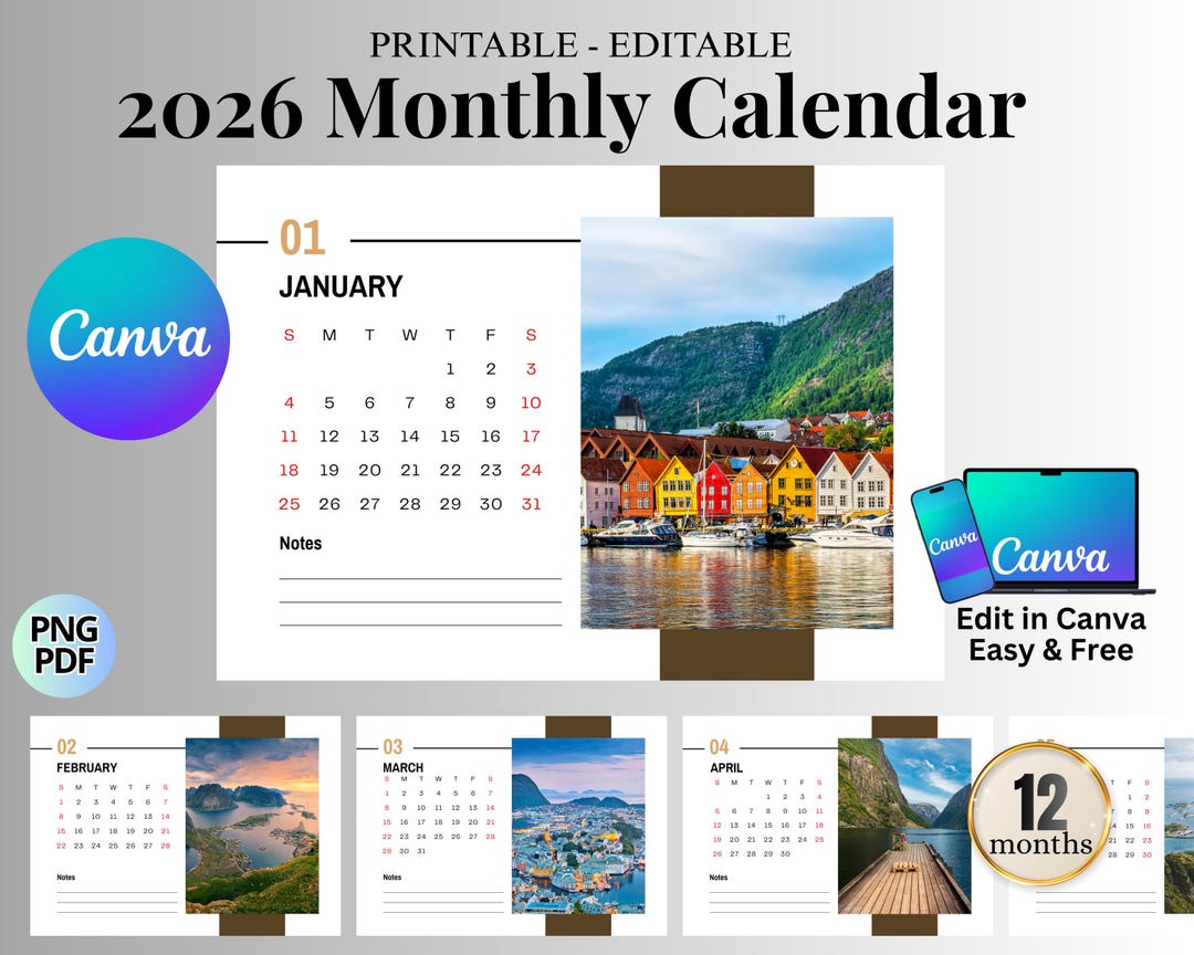 Editable 2026 Monthly Calendar | Canva Template | Printable PDF + PNG ...