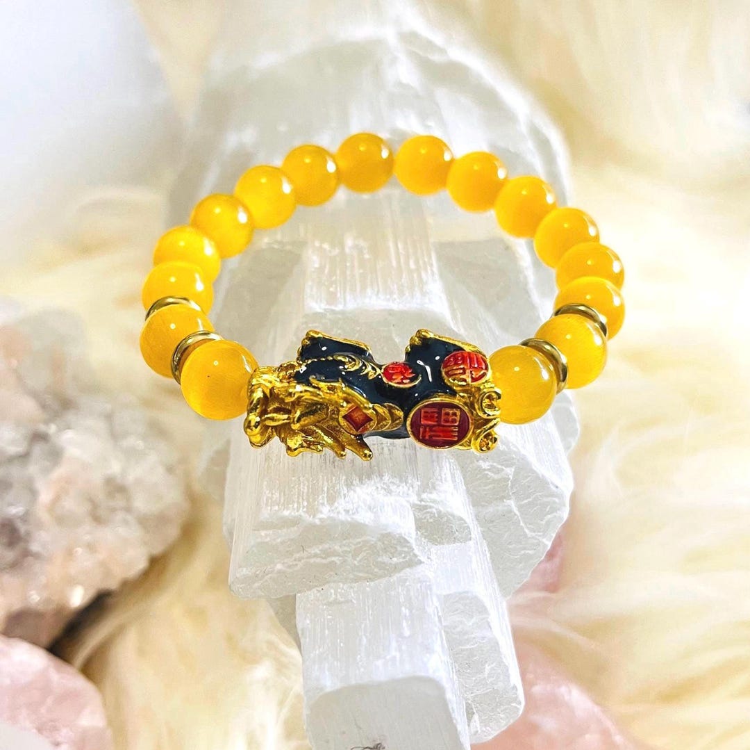 Yellow Cat's Eye Bracelet | Gold Pixiu Charm, Feng Shui Jewelry - Etsy
