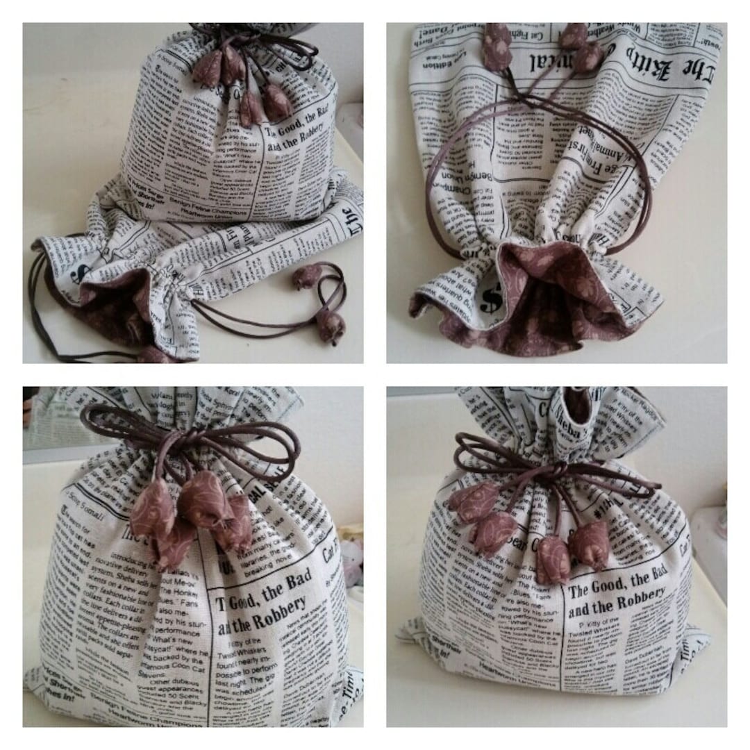Set of 3 News Paper Pattern Drawstring Gift Bag Size 9 X 11, Fabric ...