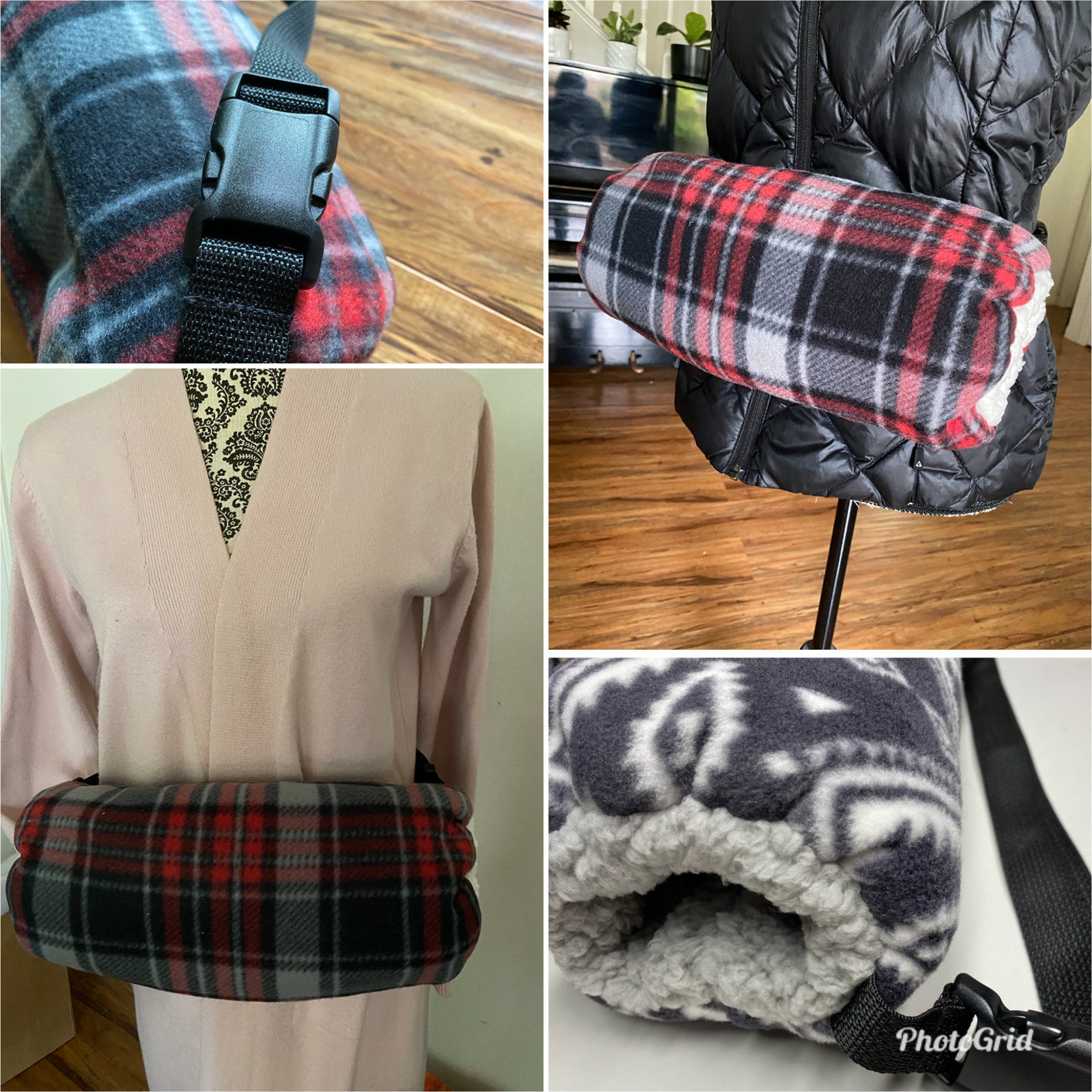 Red/black Brad Plaid Fleece Muff, Gray Sherpa Fleece Hand Muffs, Black ...