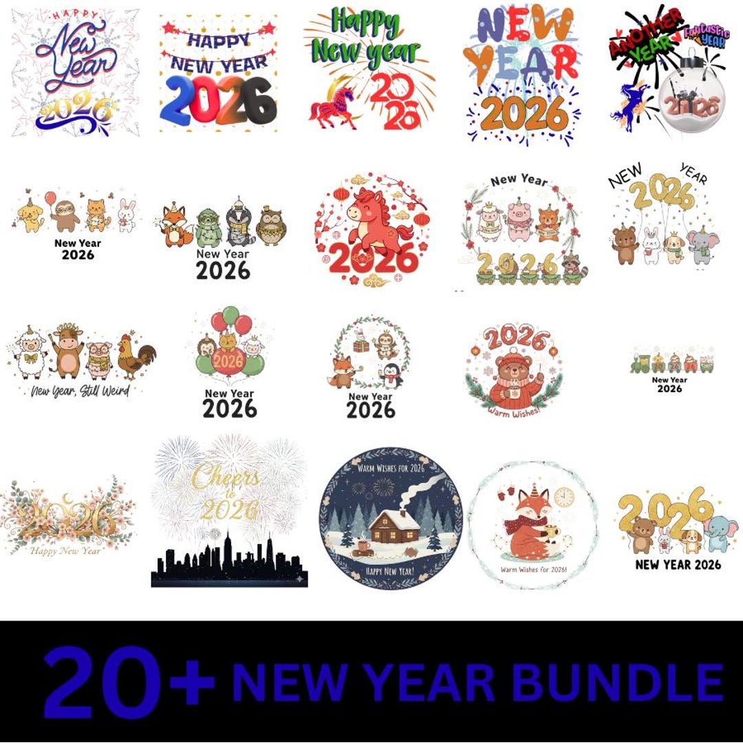 20+ New Year 2026 Bundle | Cute Animals & Typography Designs | Happy ...