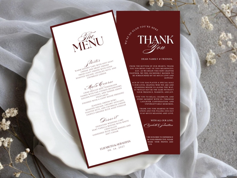 Burgundy Wedding Menu Template, Elegant Place Card (editable Printable ...