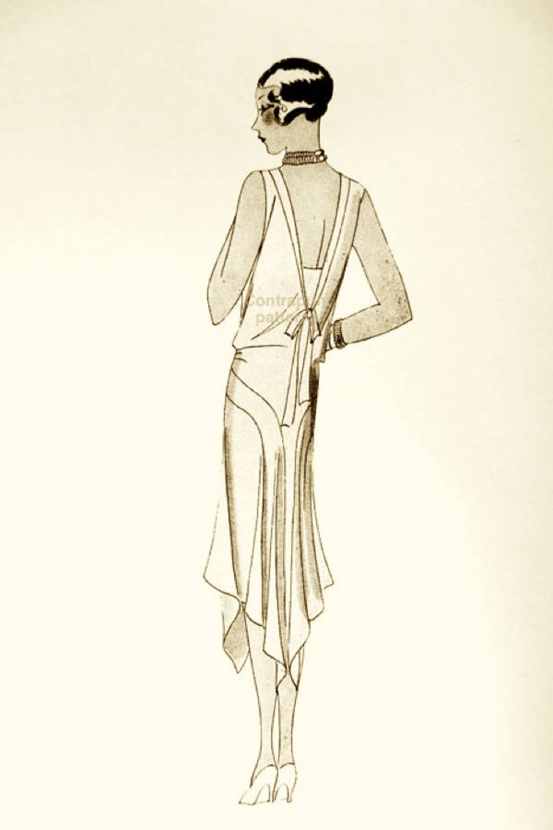 1920s Pointed Skirt and V Neck Line Dress Sewing Pattern. CUSTOM Front ...