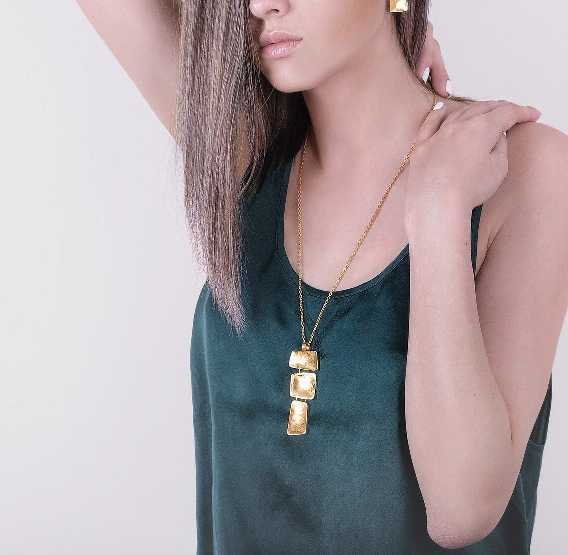 Geometric Gold Pendant Necklace Square Pendant Gold Square | Etsy