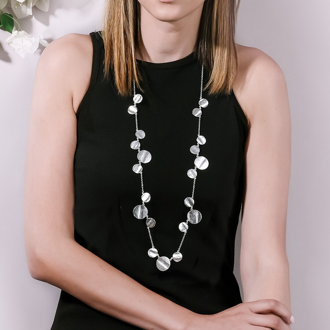 Long Coin Silver Necklace, Elegant High Fashion Silver Necklace for ...